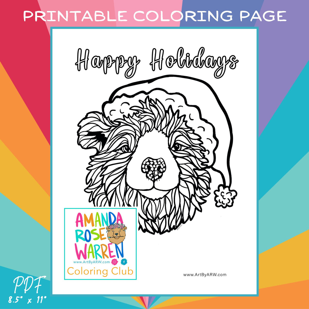 Holiday Cheer Bear Coloring Page– Amanda Rose Warren LLC
