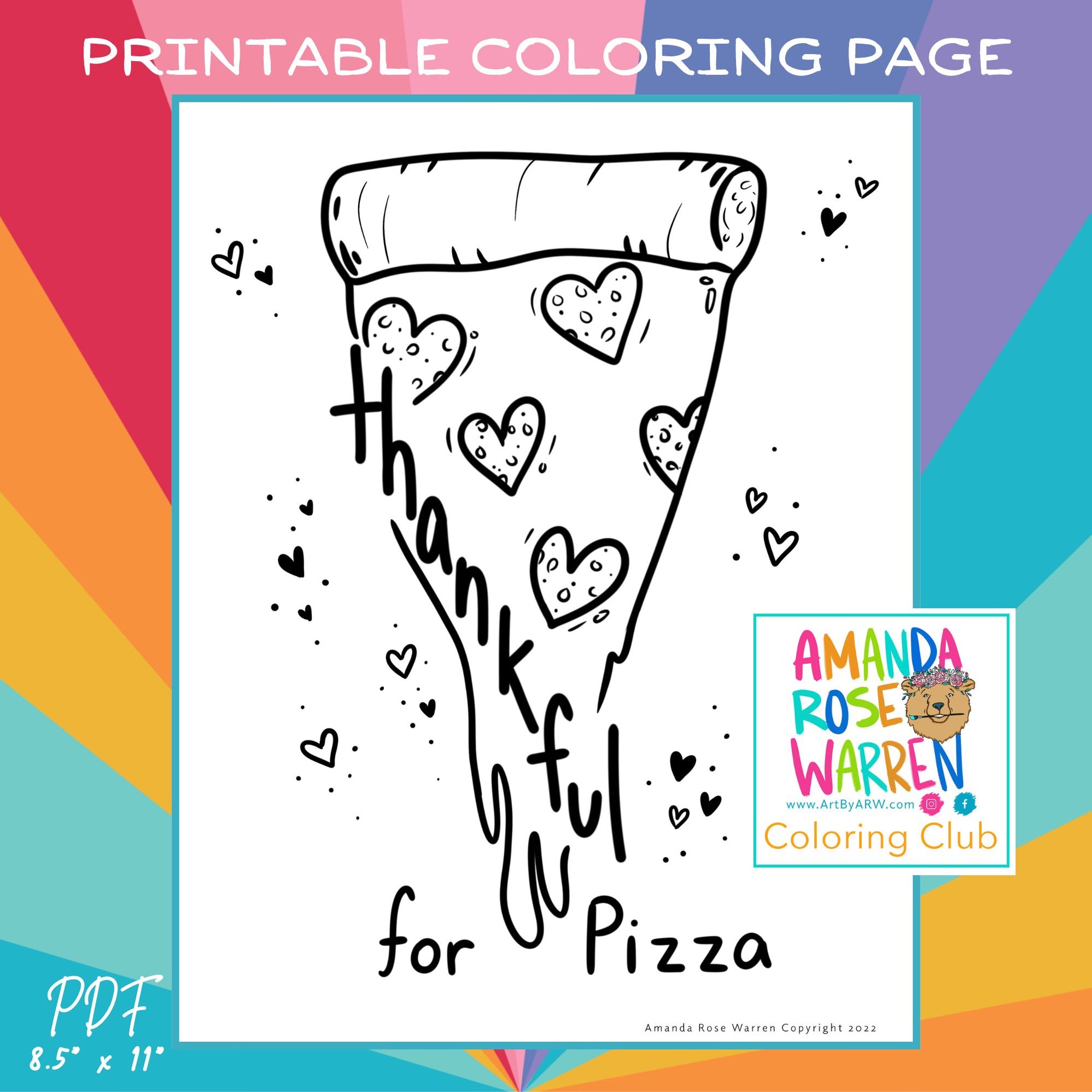 Thankful for Pizza Coloring Page– Amanda Rose Warren LLC