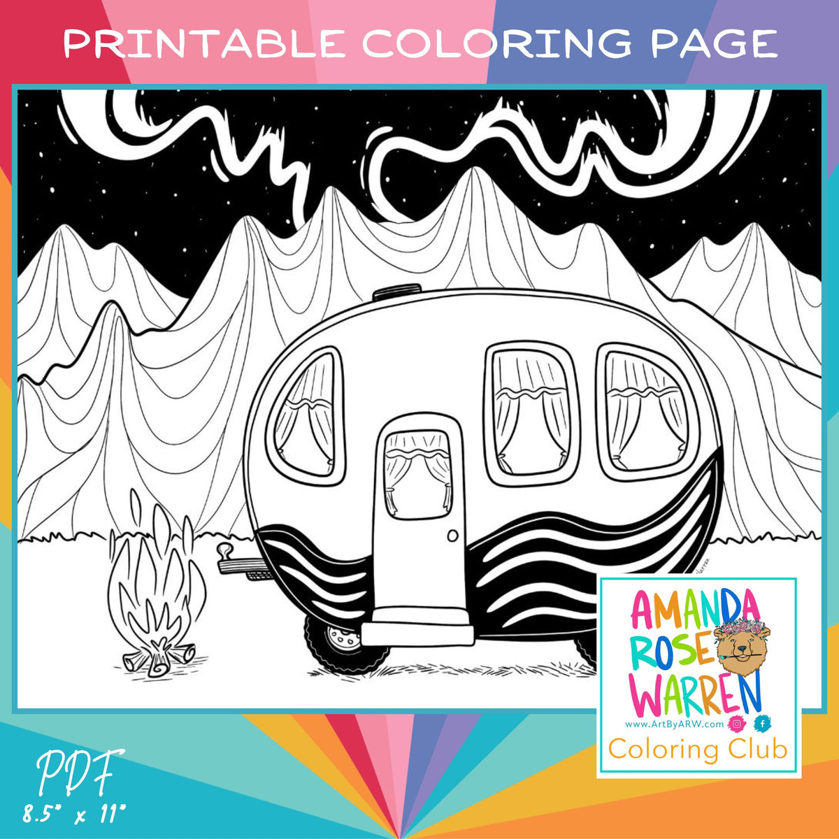 Let's Go Camping Under the Aurora Coloring Page– Amanda Rose Warren LLC