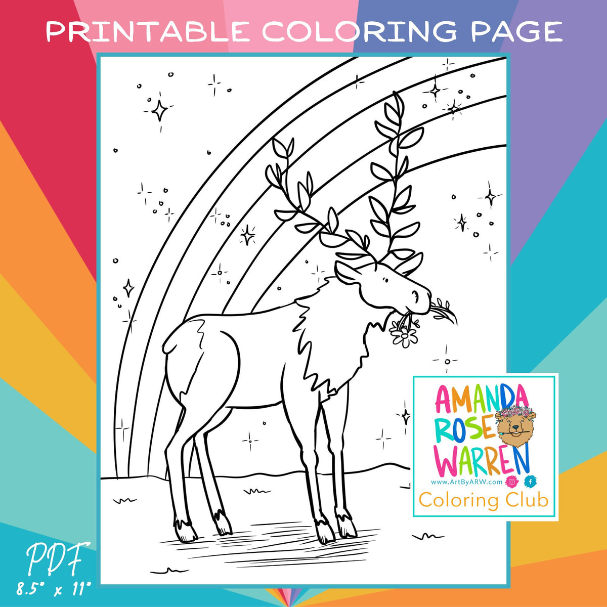 Caribou Rainbow Coloring Page– Amanda Rose Warren LLC